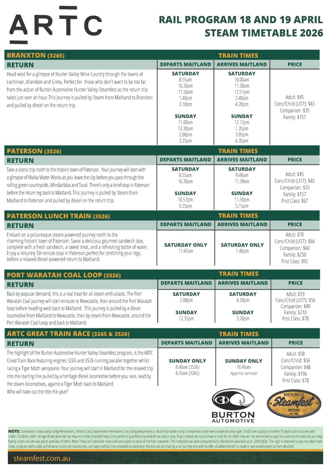 2026 Timetables - Hunter Valley Steamfest